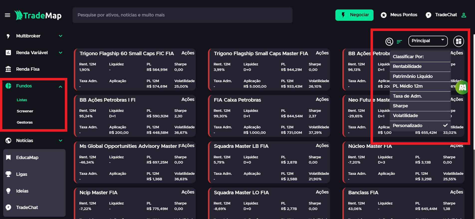Como colocar filtros em Renda Fixa e Fundos de Investimentos – TradeMap